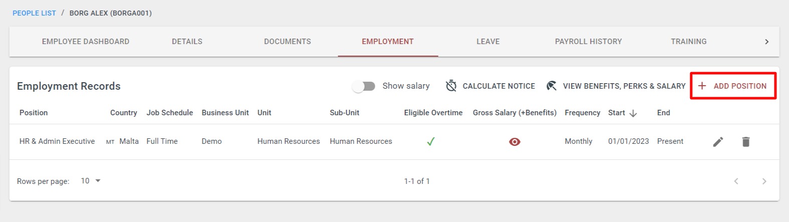 Adding an Employee's Employment Position – Talexio