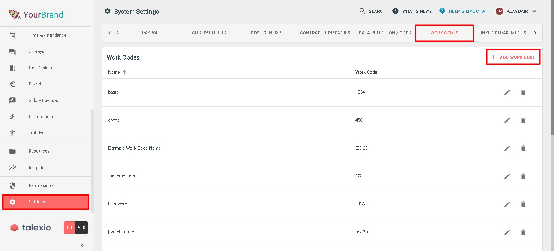 Additional Hourly Rates: Work Codes – Talexio
