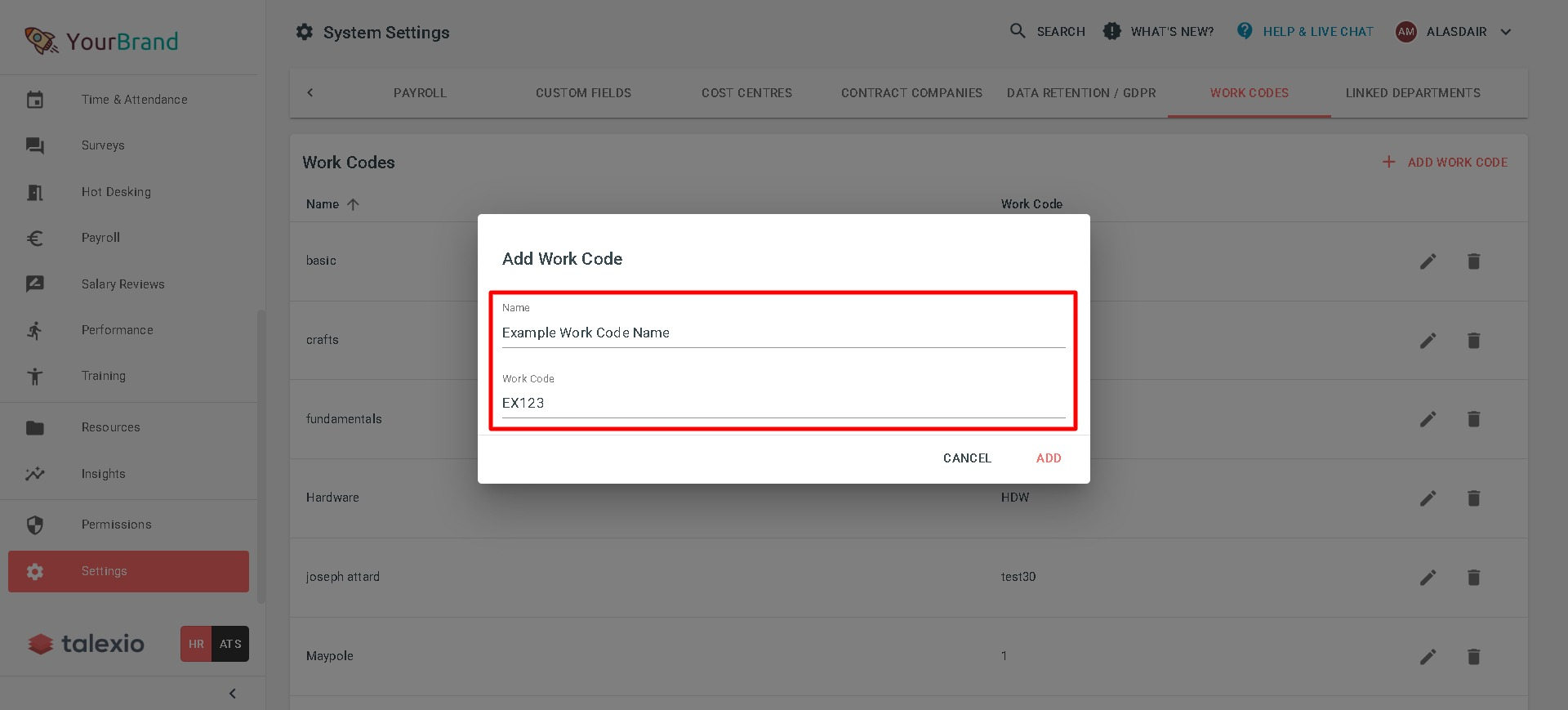 Additional Hourly Rates: Work codes – Talexio