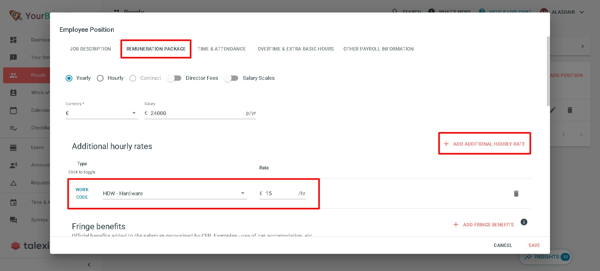 Additional Hourly Rates: Work codes – Talexio