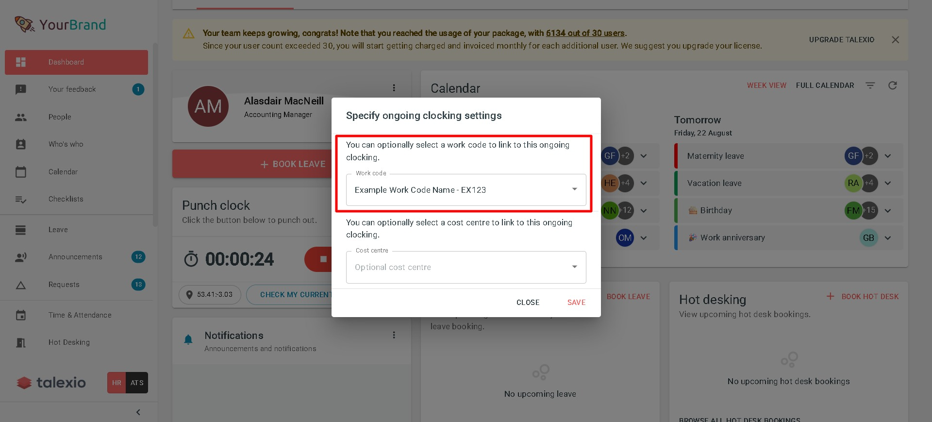 Additional Hourly Rates: Work codes – Talexio